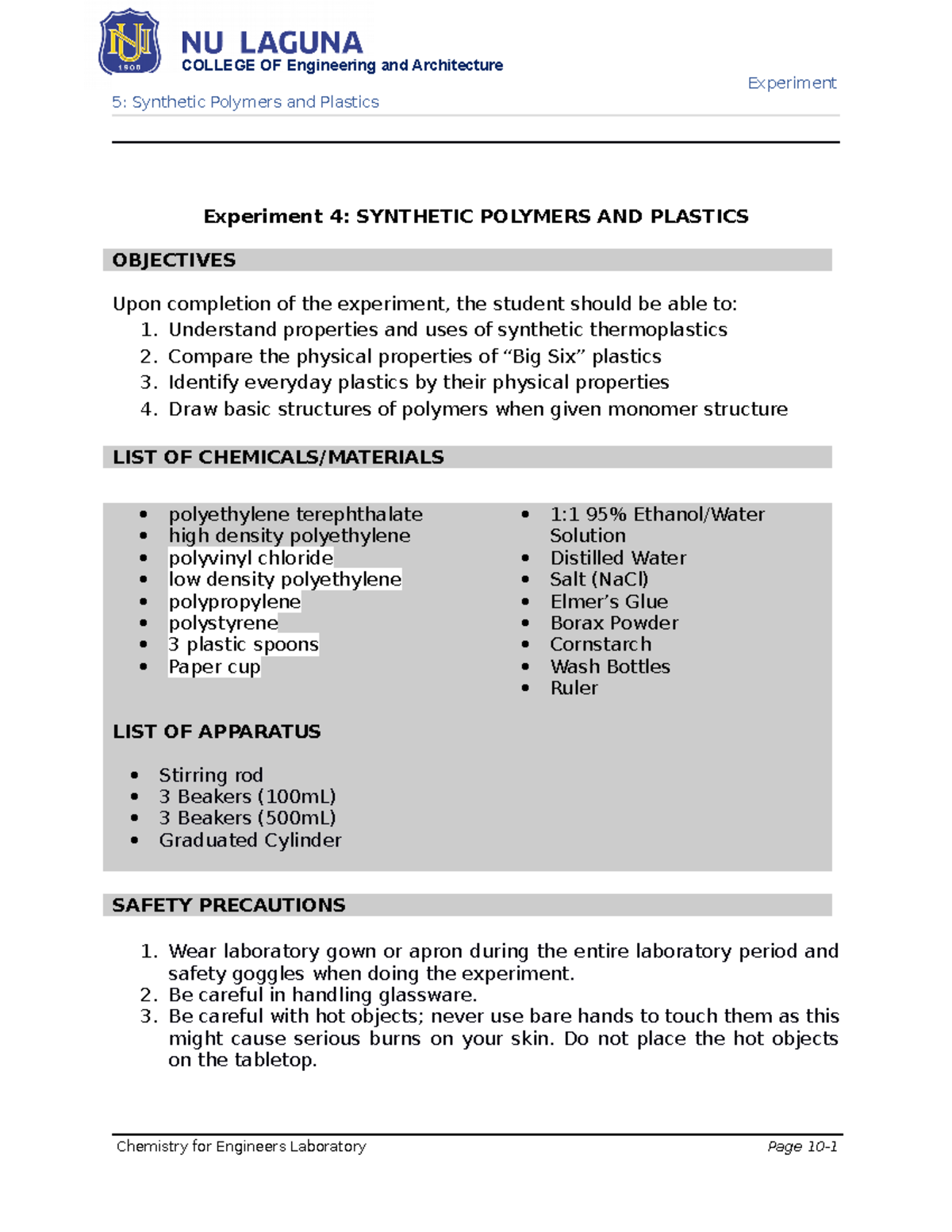 Experiment-5-Synthetic-Polymers-and-Plastics 2 - Experiment 5 ...