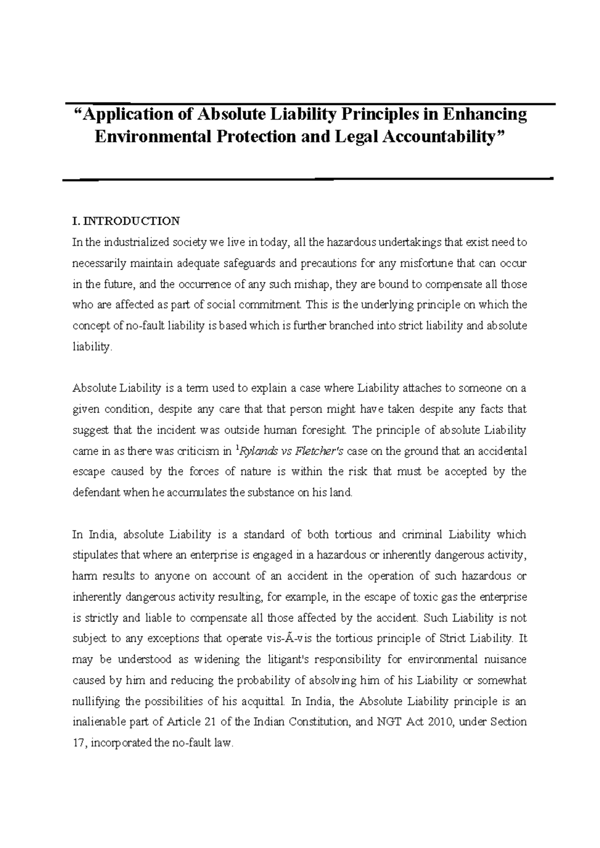 Application of Absolute Liability Principles in Enhancing Environmental ...