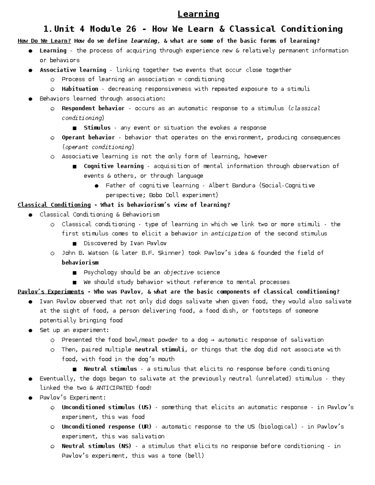 1. Unit 4 Module 26 - How We Learn & Classical Conditioning - Learning ...