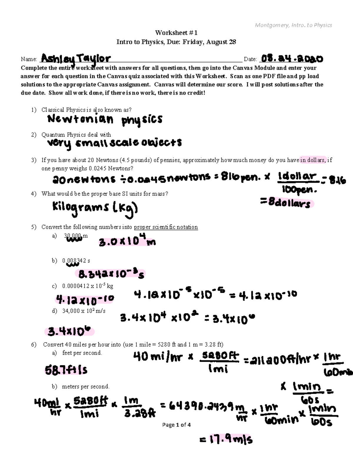 Worksheet 1 - Page 1 of 4 Worksheet # 1 Intro to Physics, Due: Friday ...