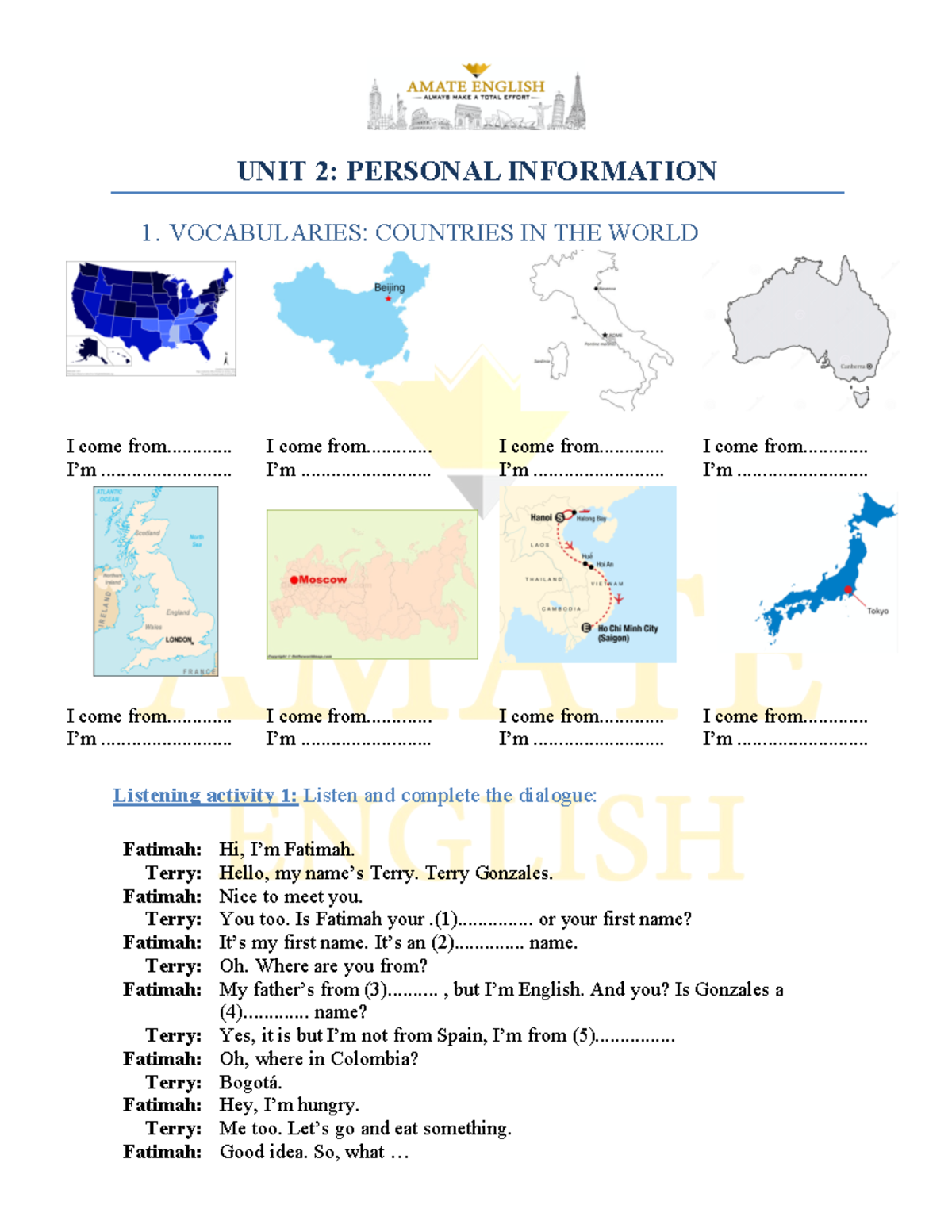 Handout UNIT 2 - tiếng anh 2 - UNIT 2: PERSONAL INFORMATION 1 ...
