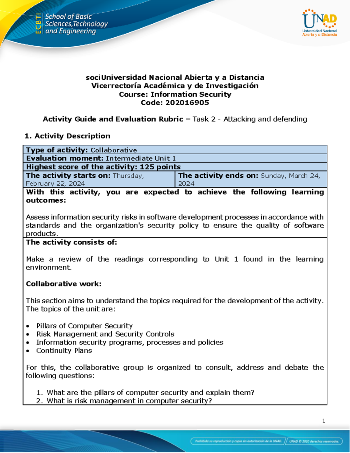Activities guide and evaluation rubric - Unit 1 - Task 2 - Attacking and defending ...
