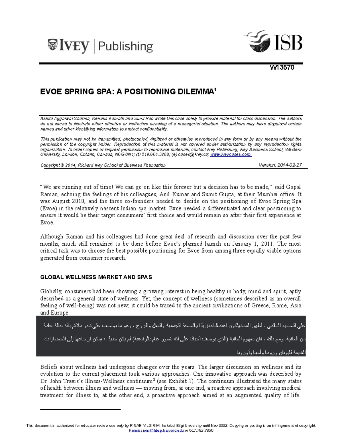 Evoe spring spa case study - This document is authorized for educator ...