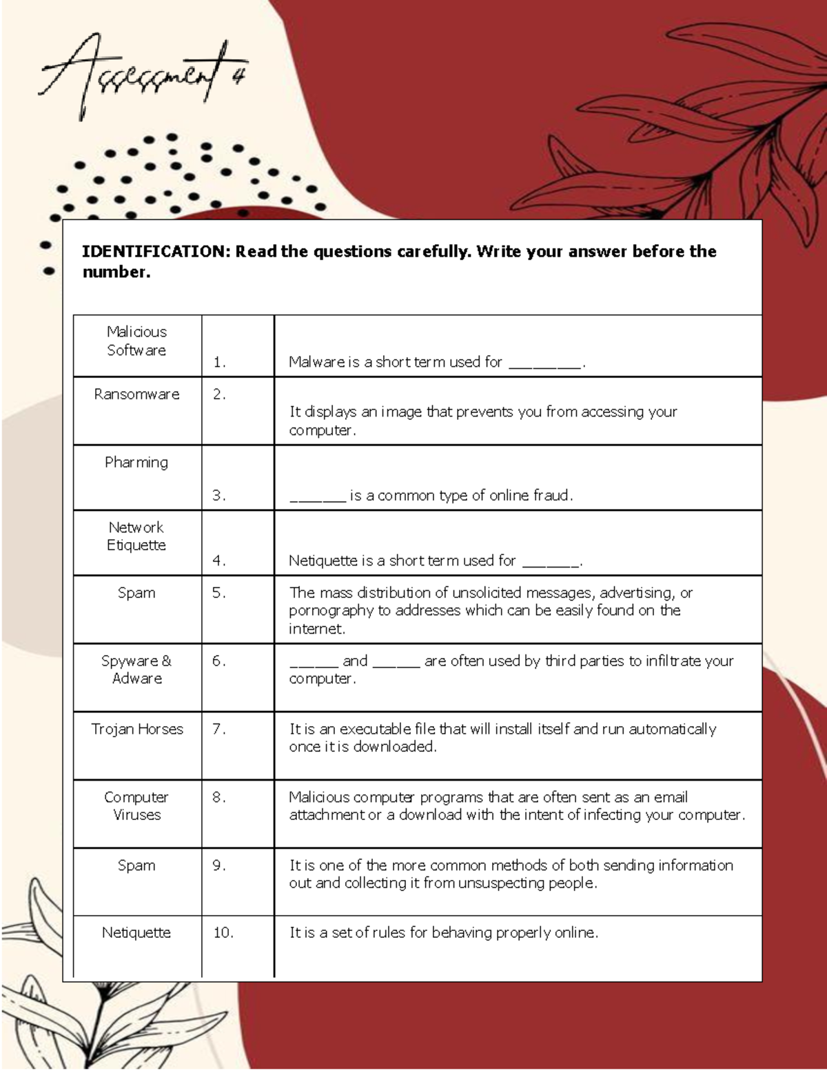 Assessment 4 Final - IDENTIFICATION: Read the questions carefully ...