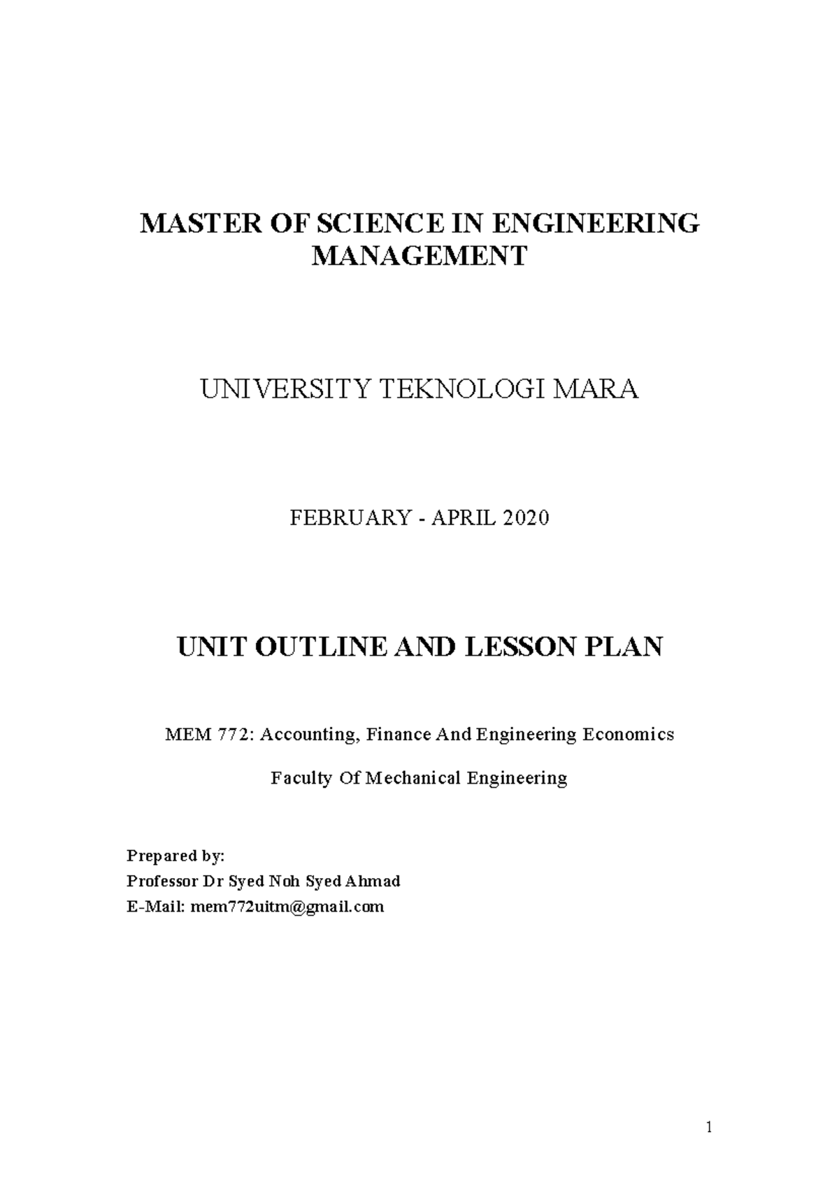 Lesson Plan MEM772 - MASTER OF SCIENCE IN ENGINEERING MANAGEMENT ...
