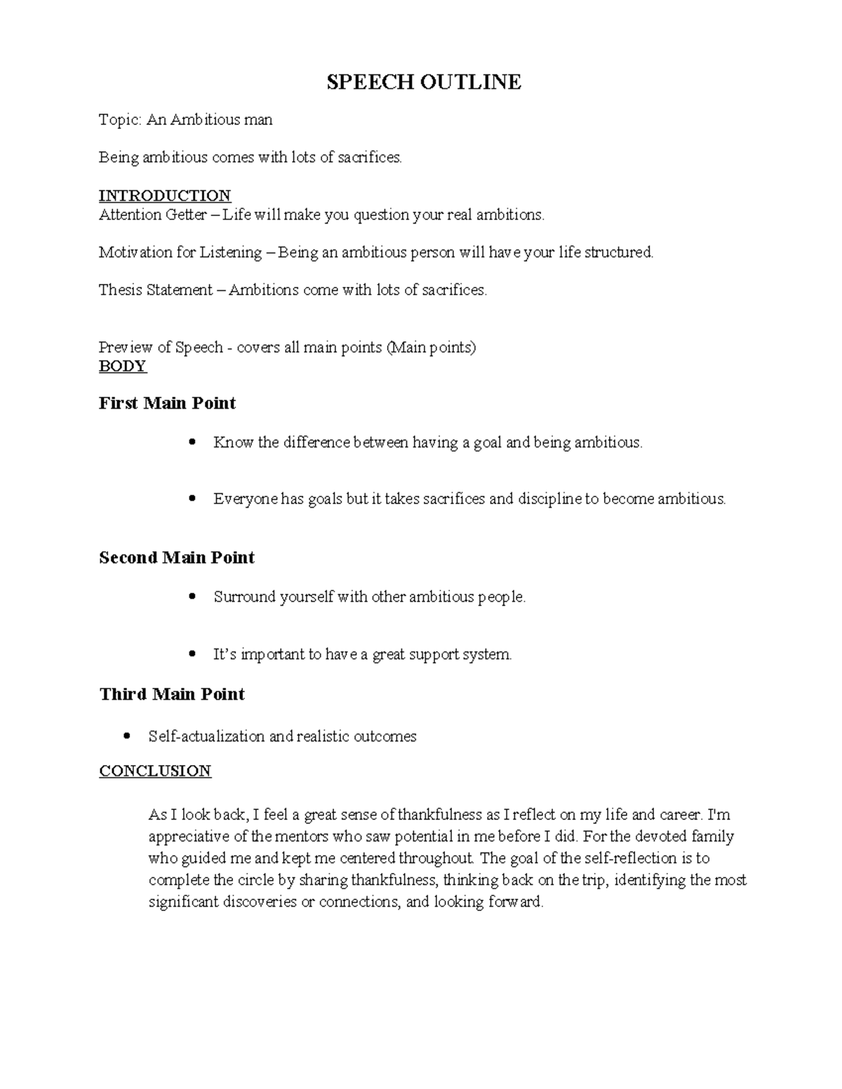 Speech outline - SPEECH OUTLINE Topic: An Ambitious man Being ambitious ...