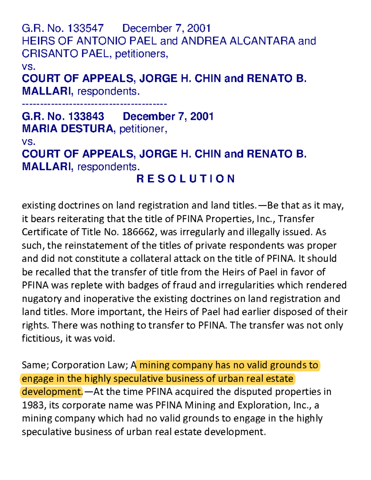 Corpo 7Heirs of Antonio Peel vs CA GR 133547 December 7, 2004 - G. No. 133547 December 7, 2001 ...