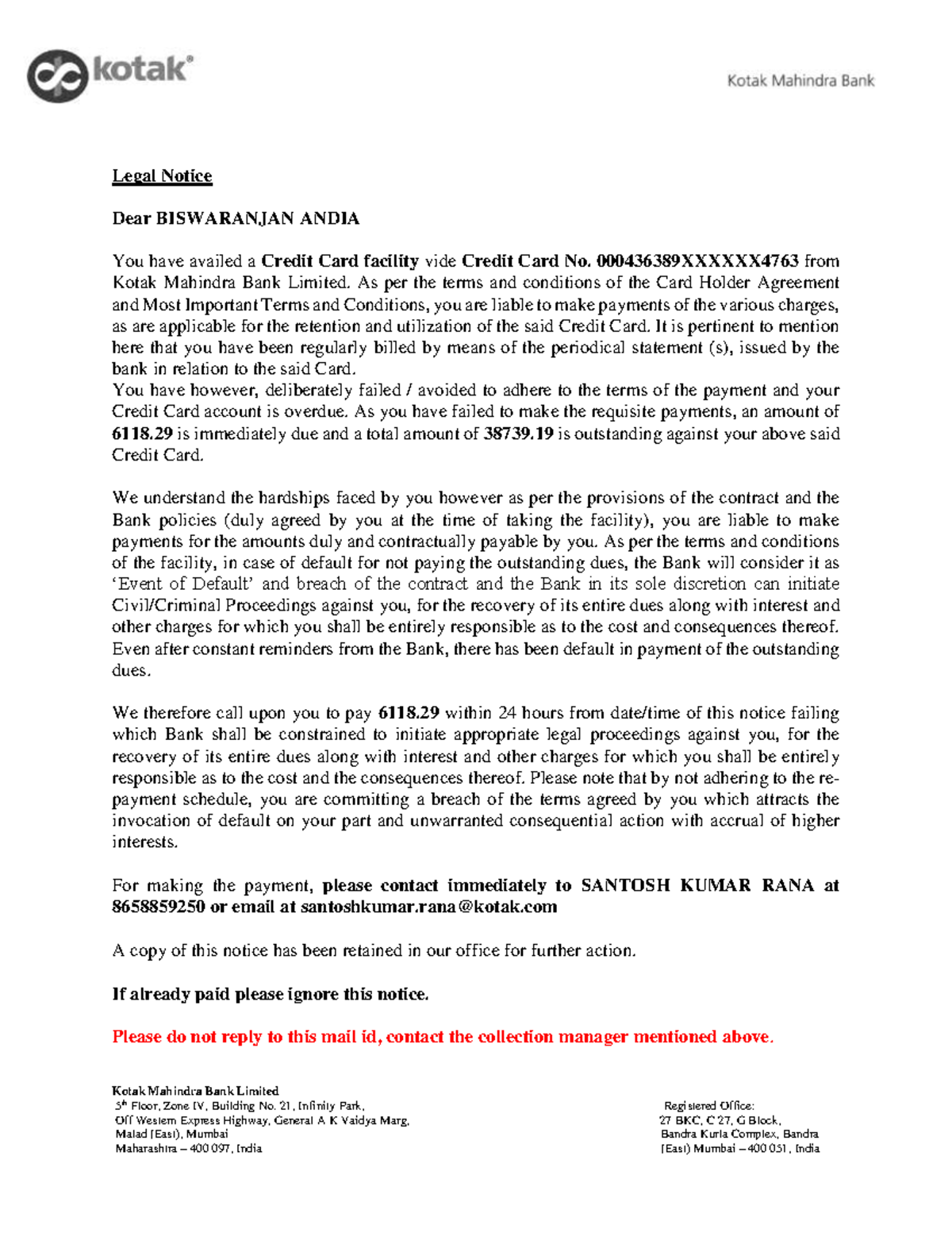 Biswaranjan Andia Legal Notice - Kotak Mahindra Bank Limited 5 th Floor ...