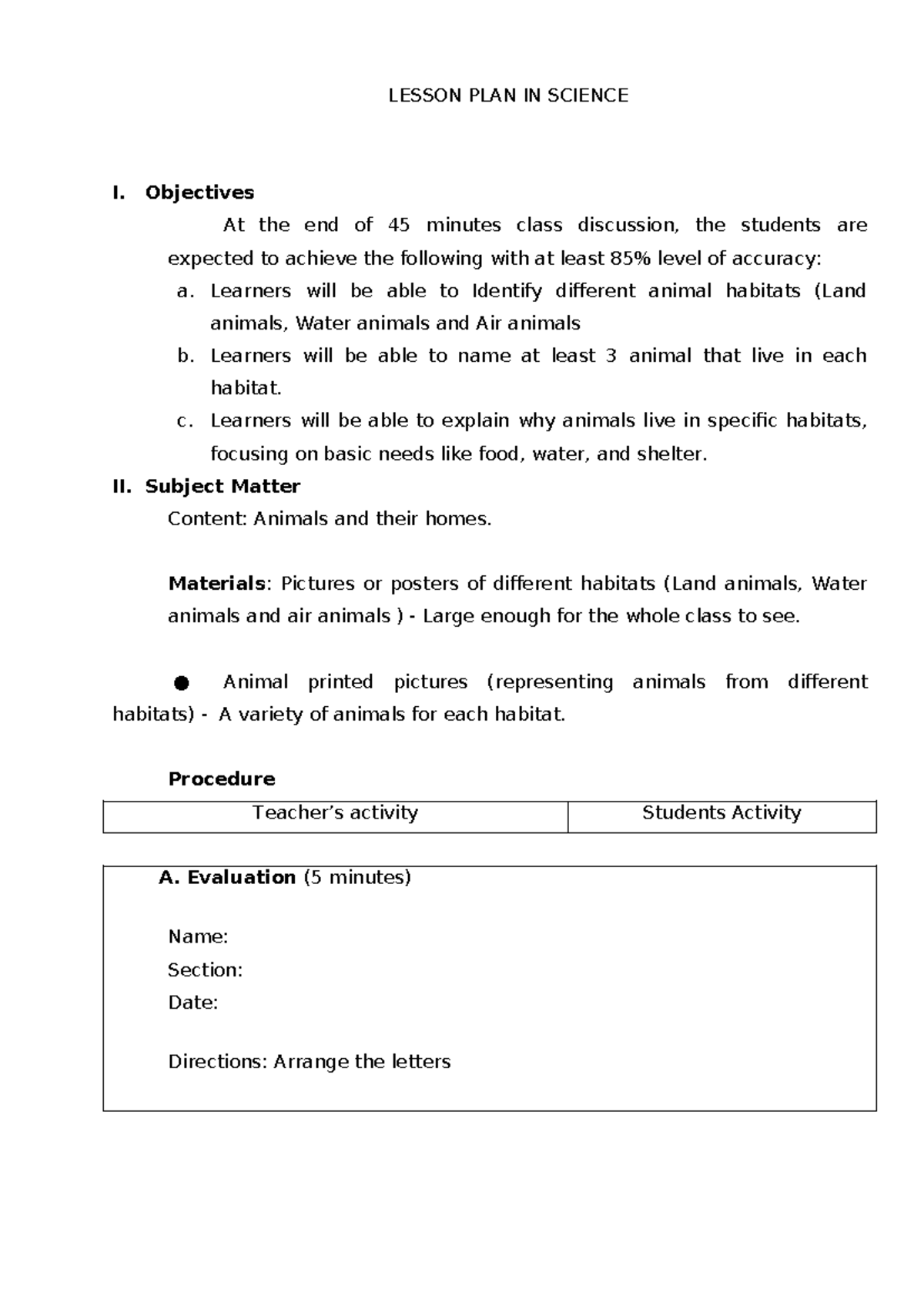Numeracy-LP - nothing much - LESSON PLAN IN SCIENCE I. Objectives At ...