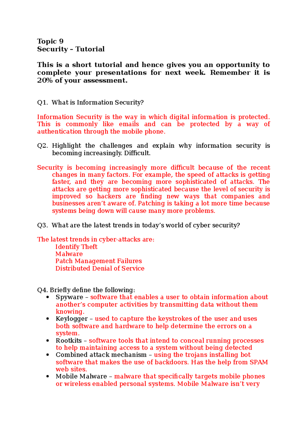 Information Security - Topic 9 Security – Tutorial This is a short ...