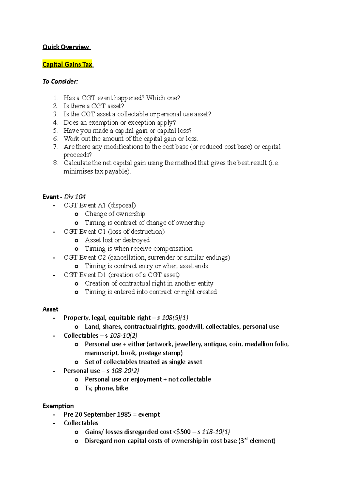 CGT - Summary notes for exam on CGT - Quick Overview Capital Gains Tax ...