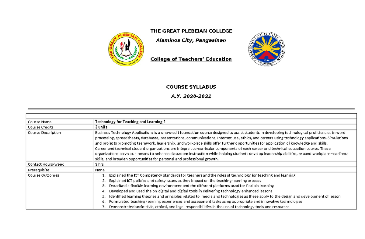 510264302 Technology FOR Teaching AND Learning 1 Syllabus - THE GREAT ...