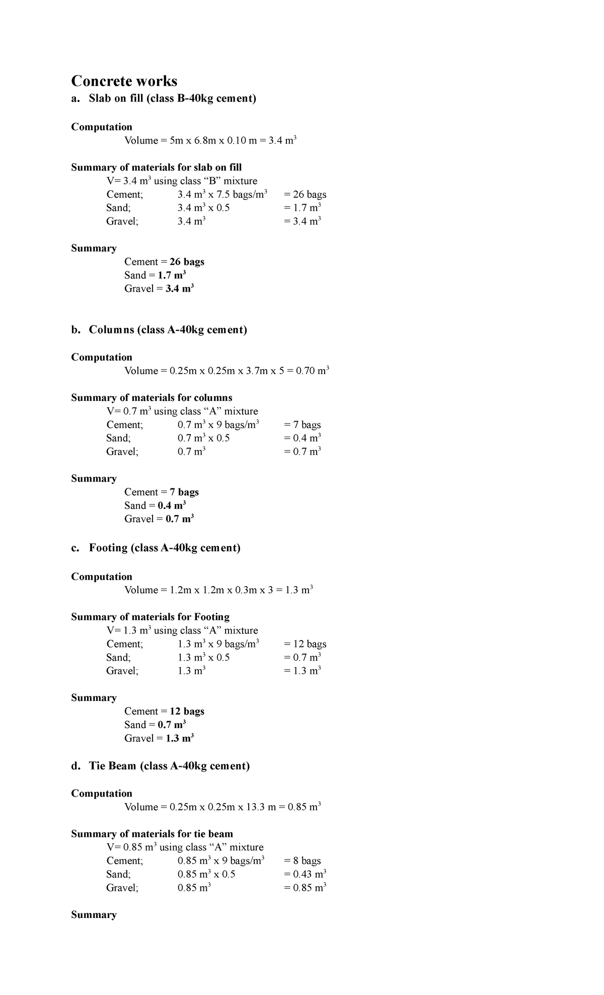 Estimate - Concrete works a. Slab on fill (class B-40kg cement ...