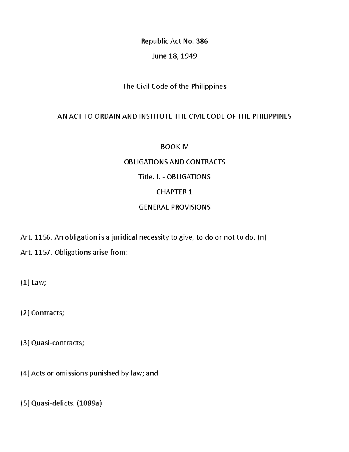 Oblicon Provisions - read - Republic Act No. 386 June 18, 1949 The ...