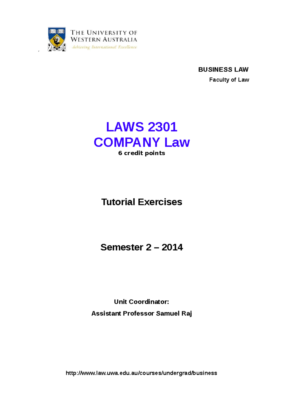 Company law tutorial solutions 2 2 - BUSINESS LAW Faculty of Law LAWS ...