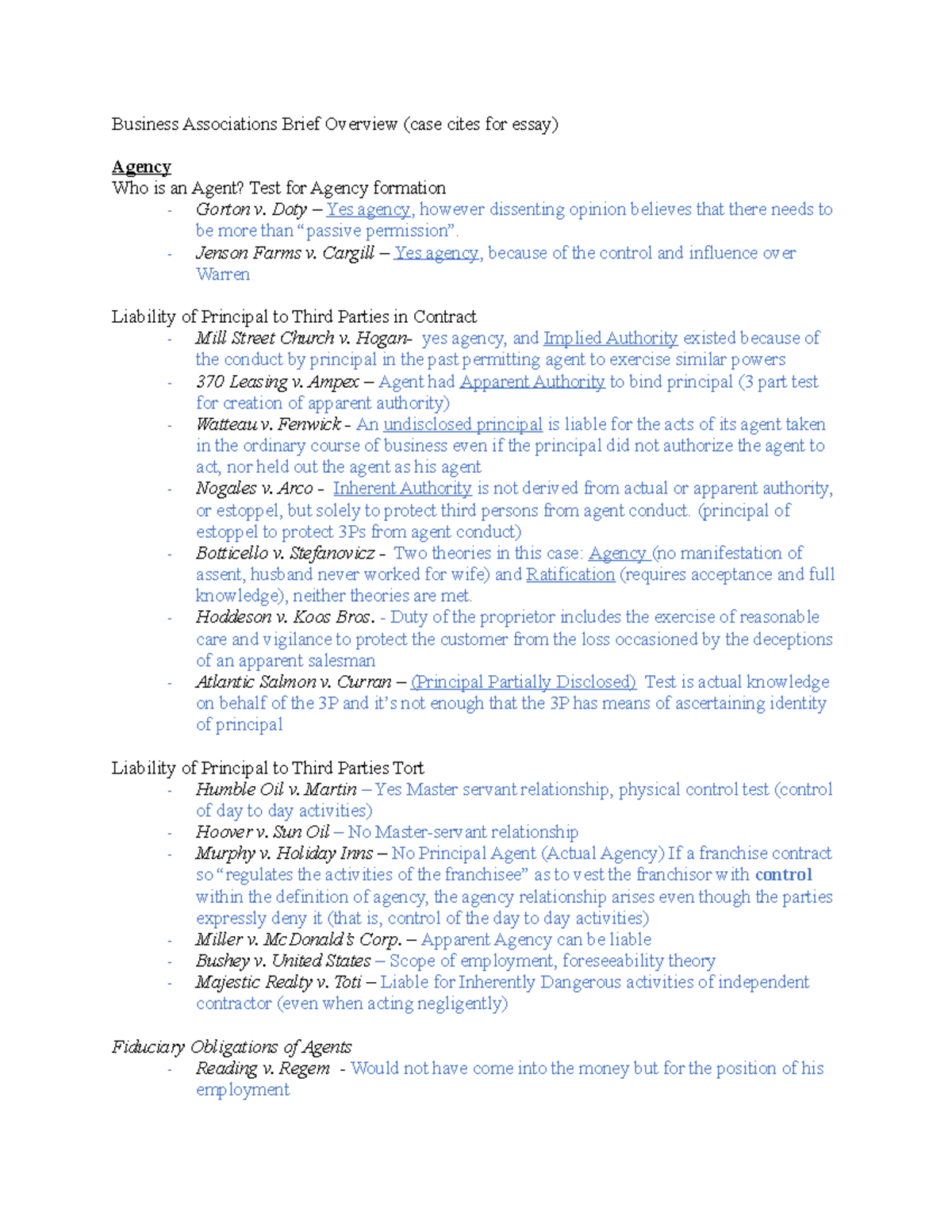 CASE LIST Attack Sheet Based ON Topic - Business Associations Brief ...