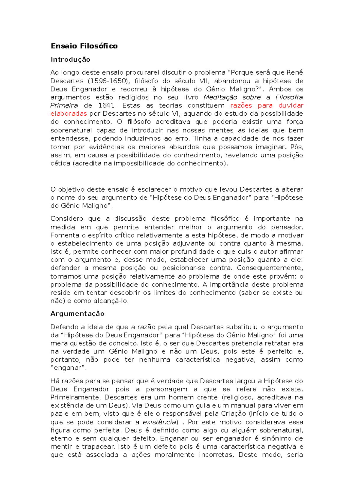 Ensaio Filosófico - génio maligno - Ensaio Filosófico Introdução Ao ...