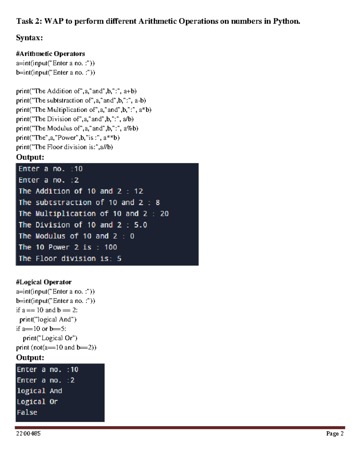 All operators - 2200485 Page 2 Task 2: WAP to perform different ...