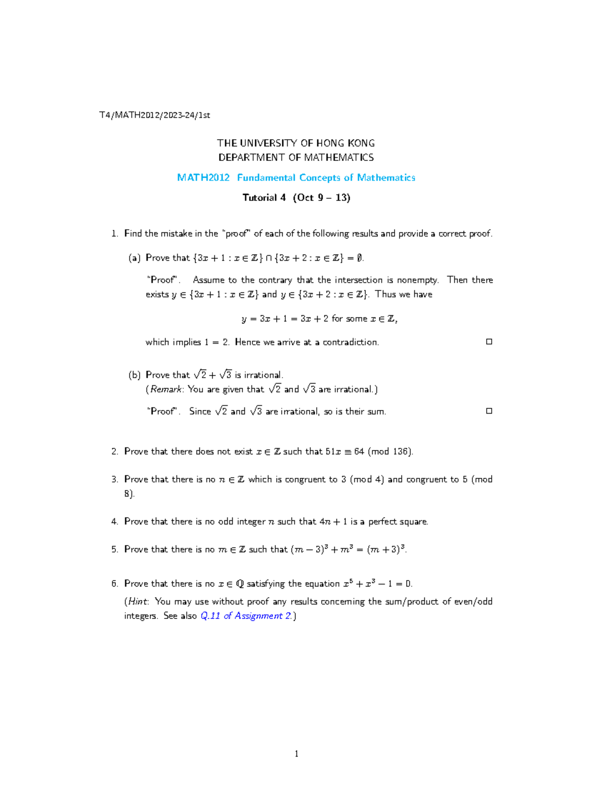 Tutorial 4(2012 )(23-24 First) - T4/MATH2012/2023-24/1st THE UNIVERSITY OF HONG KONG DEPARTMENT ...