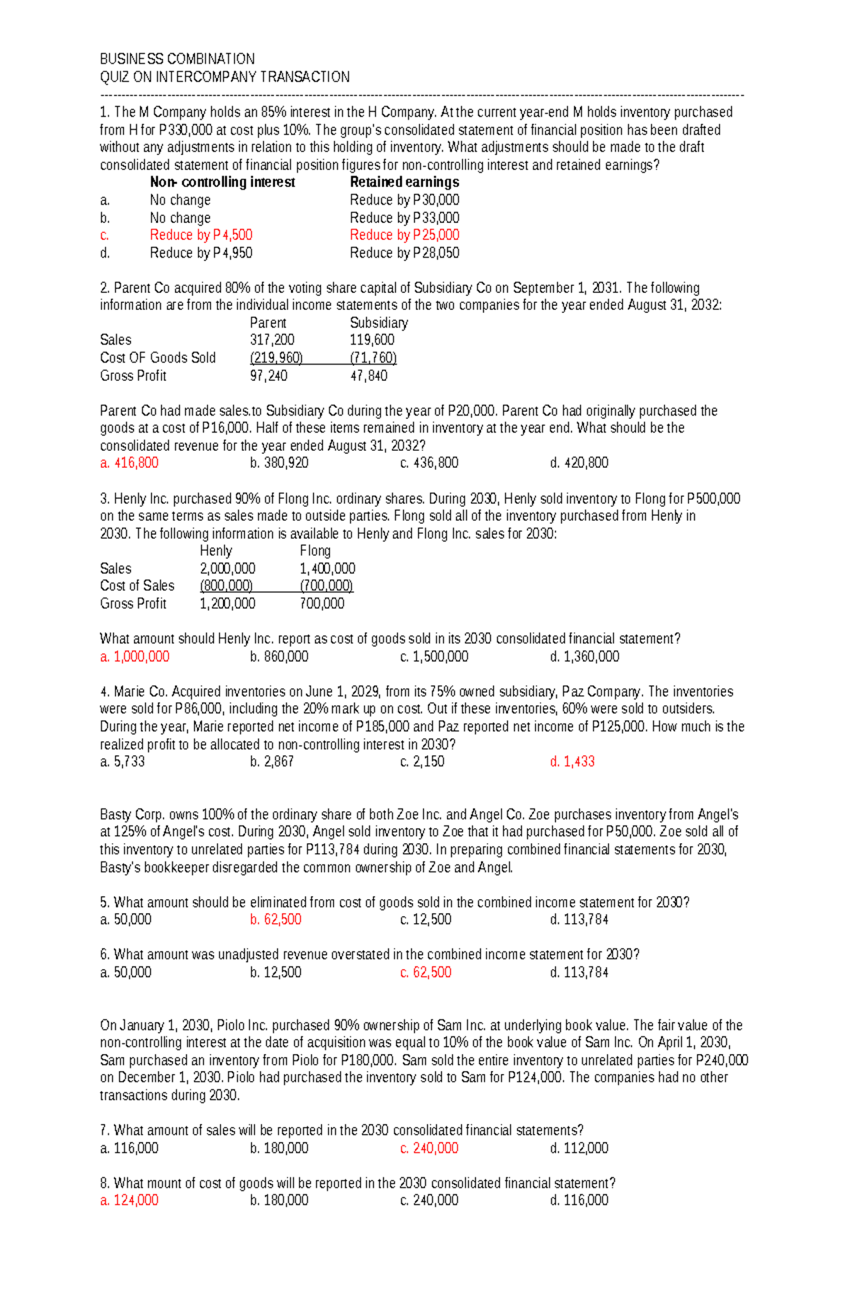 Buscom-QUIZ- Solution - QUIZ ON INTERCOMPANY TRANSACTION - The M Company holds an 85% interest ...
