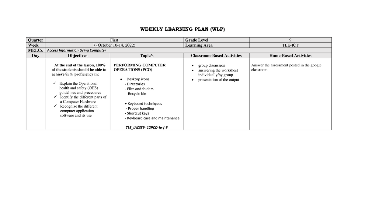 Grade 9 CSS Week 6 - A weekly learning plan for CSS 9 ICT - WEEKLY ...
