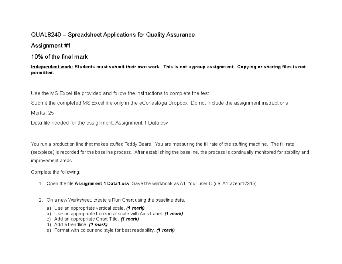Assignment 1 Instructions - QUAL8240 – Spreadsheet Applications for Quality Assurance Assignment ...