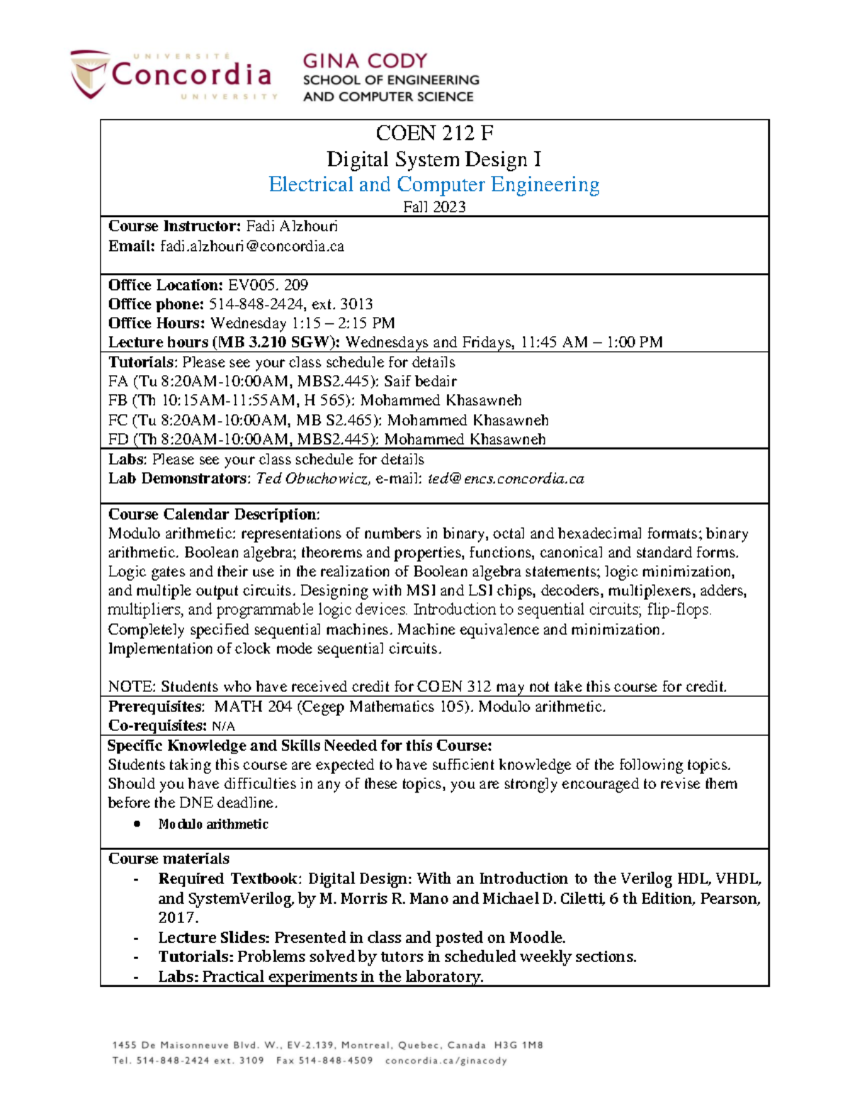 Course Outline fall 2023 - COEN 212 F Digital System Design I ...