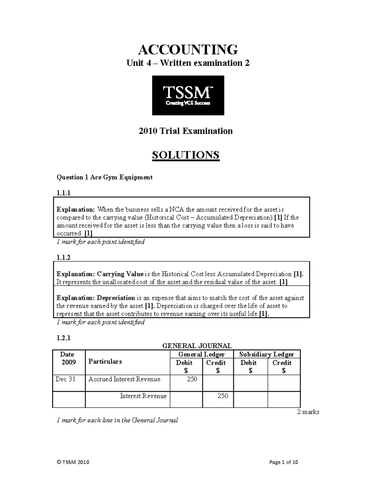 2010-tssm-solutions - Exam - © TSSM 2010 Page 1 of 10 ACCOUNTING Unit 4 ...