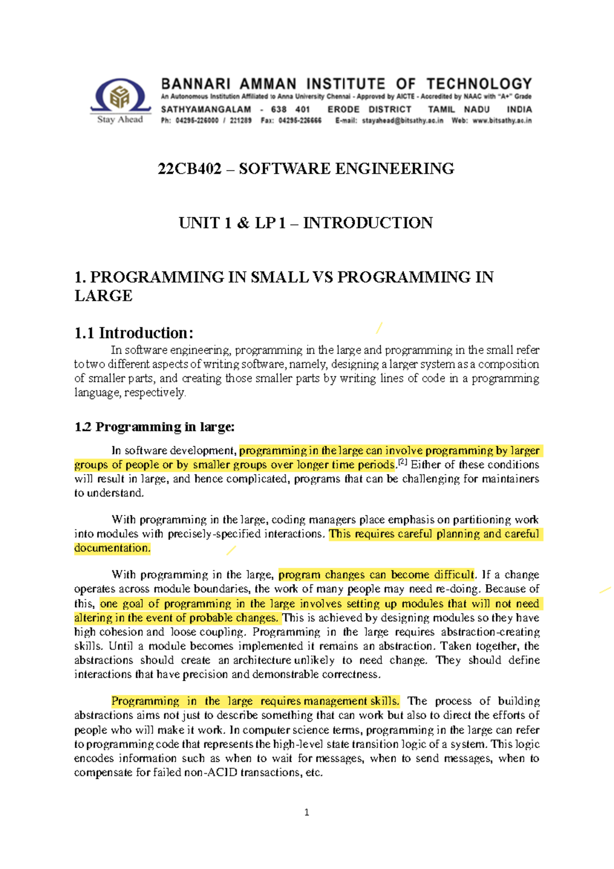 22 CB402 U1 LM1 - it about basics of software engineering - 22CB402 – SOFTWARE ENGINEERING UNIT ...