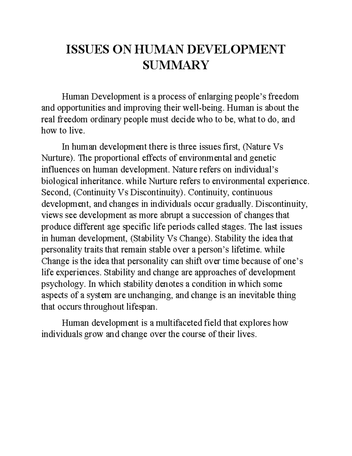 Issues in human development - ISSUES ON HUMAN DEVELOPMENT SUMMARY Human ...