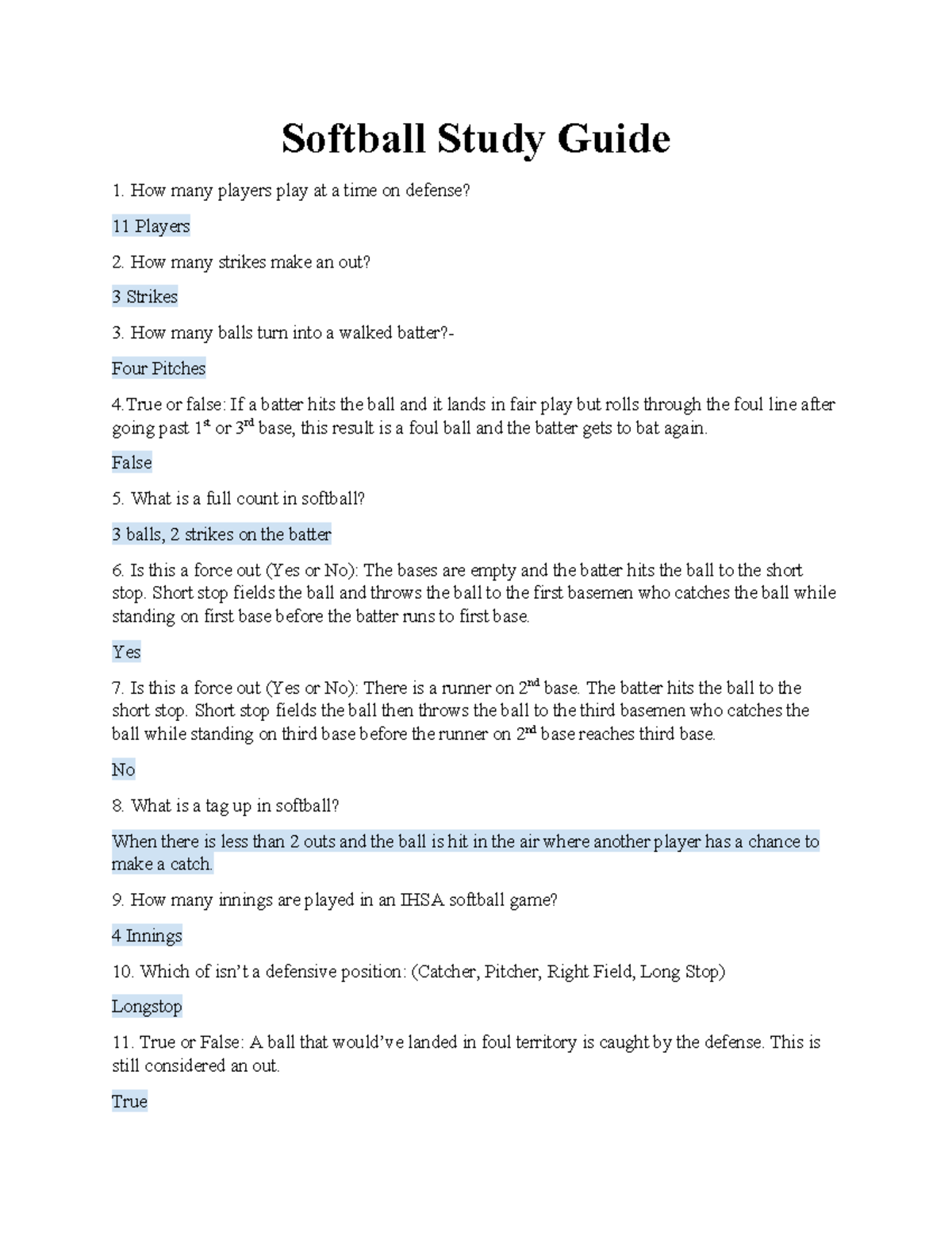 Softball Study Guide 202425 SY - Softball Study Guide 1. How many players play at a time on ...