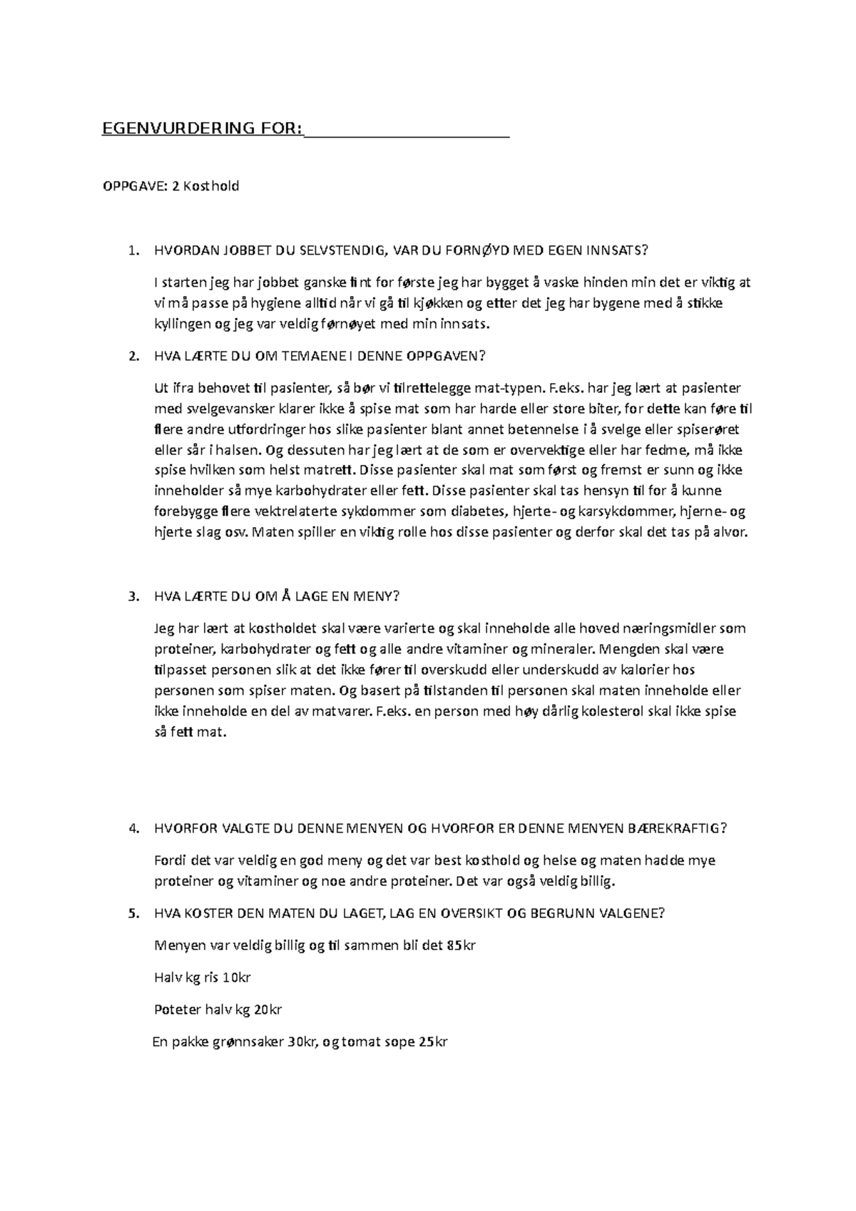 Egenvurdering oppgave 2 - EGENVURDERING FOR ...