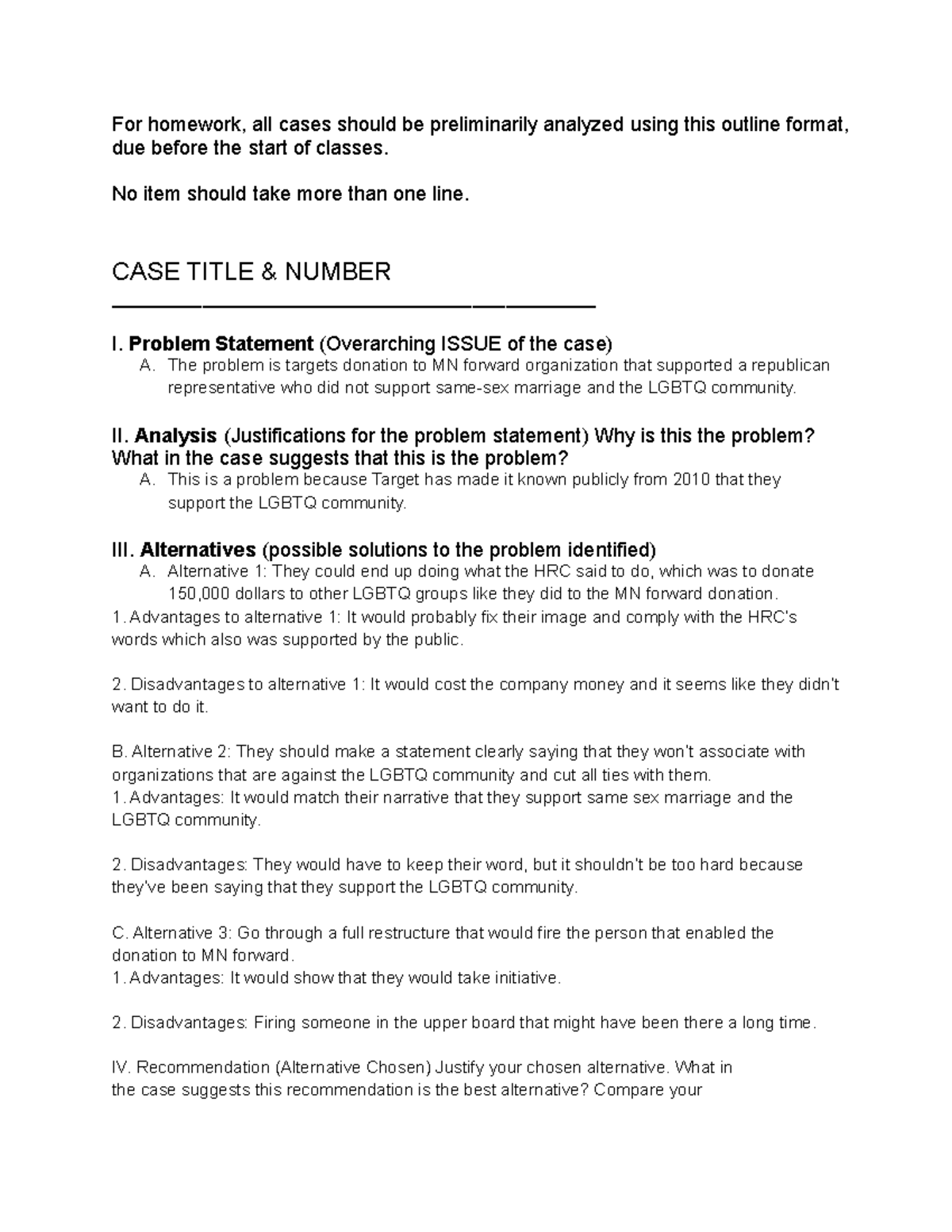 BUAD 301 Case 2 Outline Template - For homework, all cases should be ...