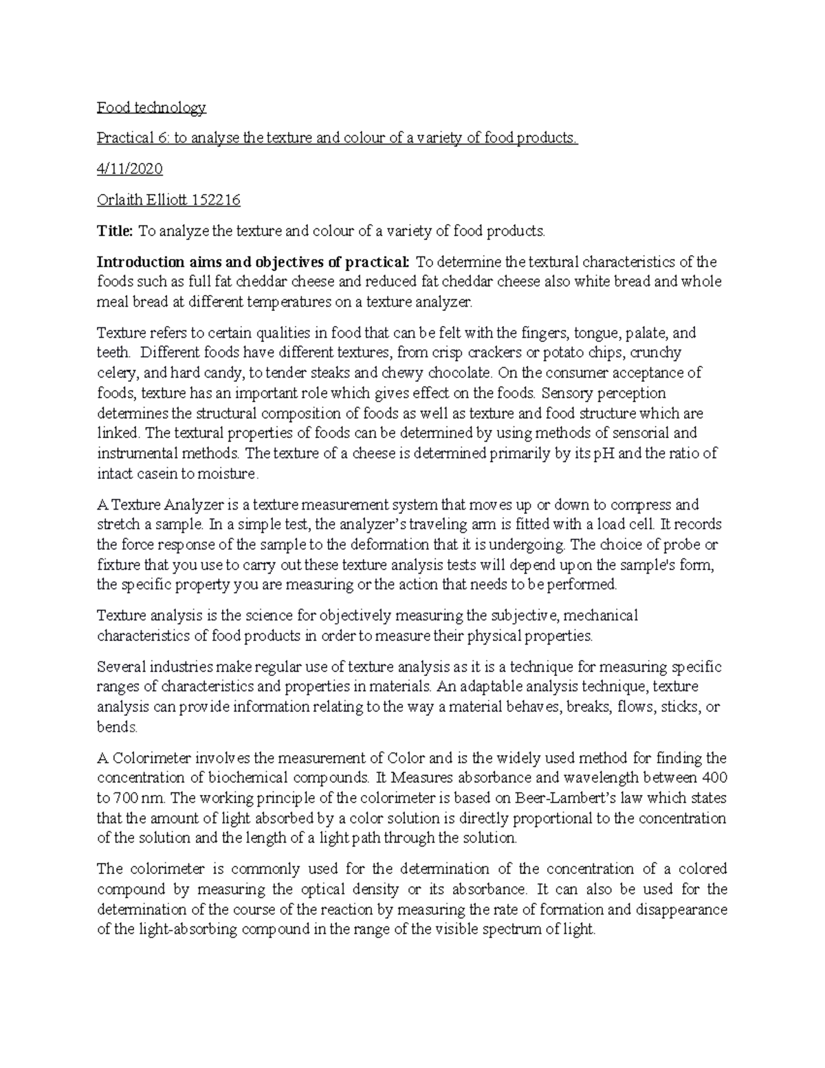 Document 68 - lab report - Food technology Practical 6: to analyse the ...