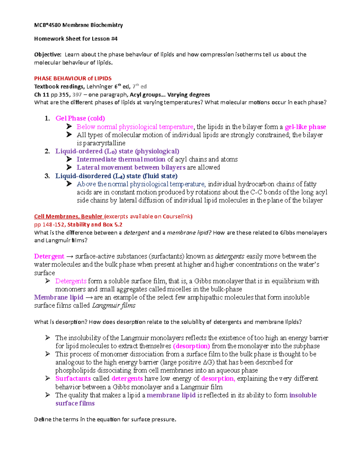 4580 Homework Sheet for Lesson #4 - MCB*4580 Membrane Biochemistry ...