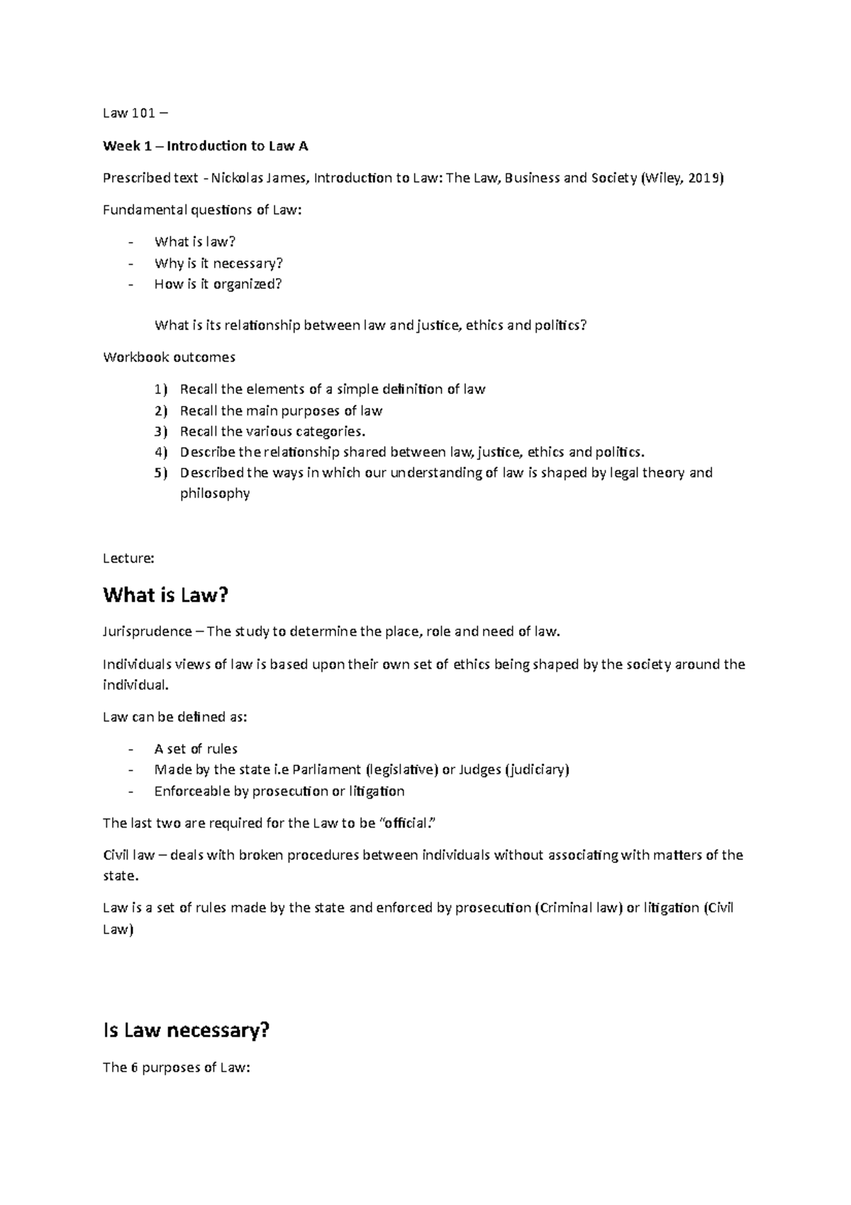 LAW101 - Lectures - Notes on class - Law 101 – Week 1 – Introduction to ...