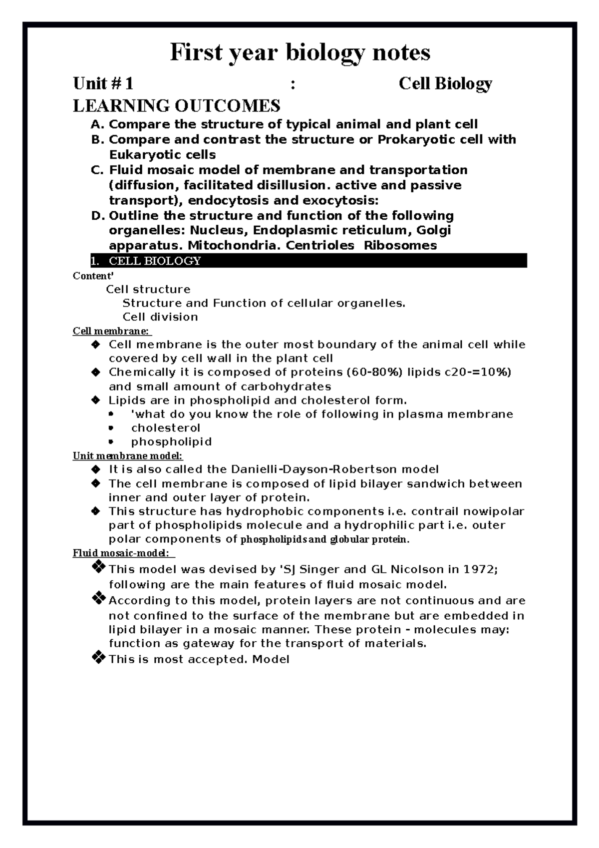 Unit # 1 Cell Biology mcq - Unit # 1 : Cell Biology LEARNING OUTCOMES A. Compare the structure ...