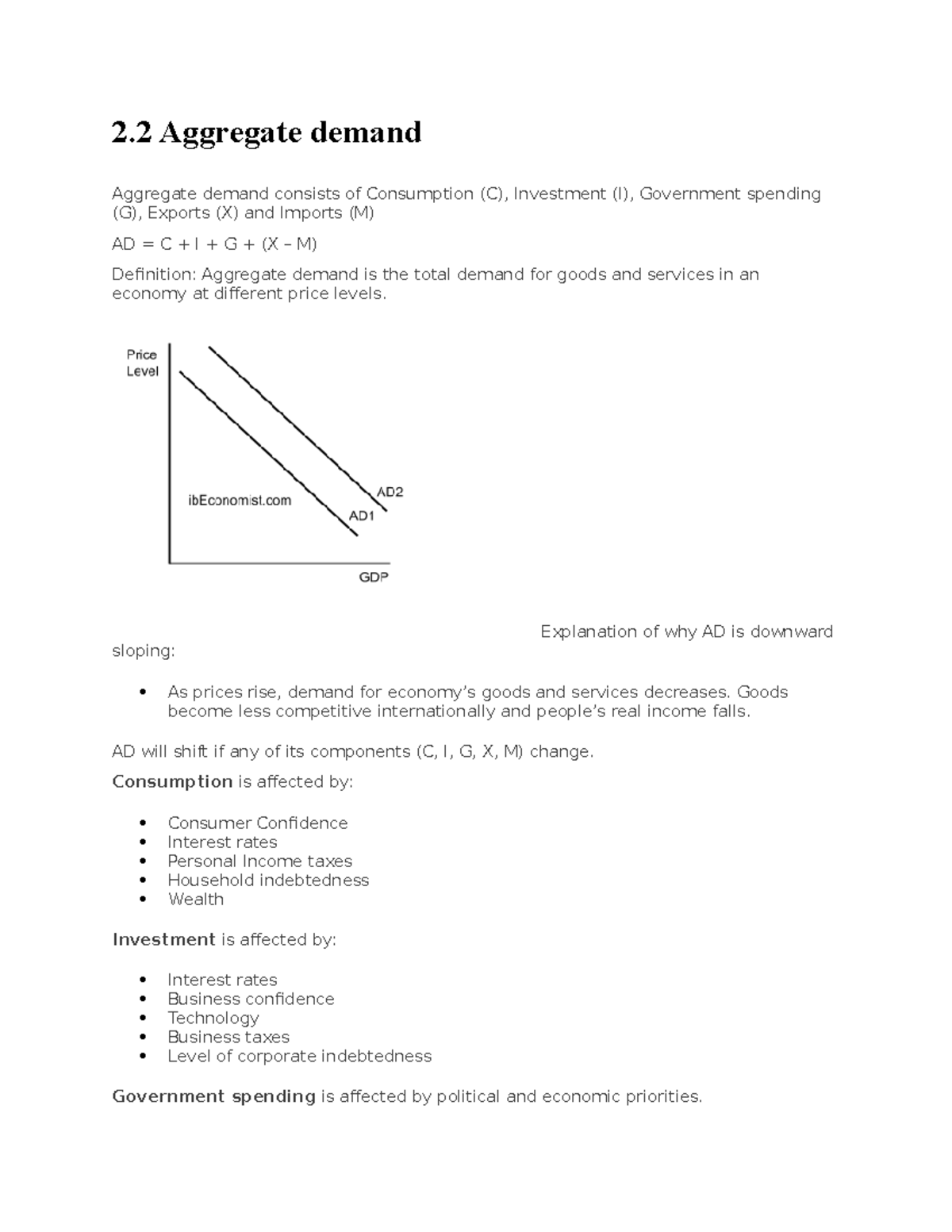 2.2 Aggregate demand - 2 Aggregate demand Aggregate demand consists of ...