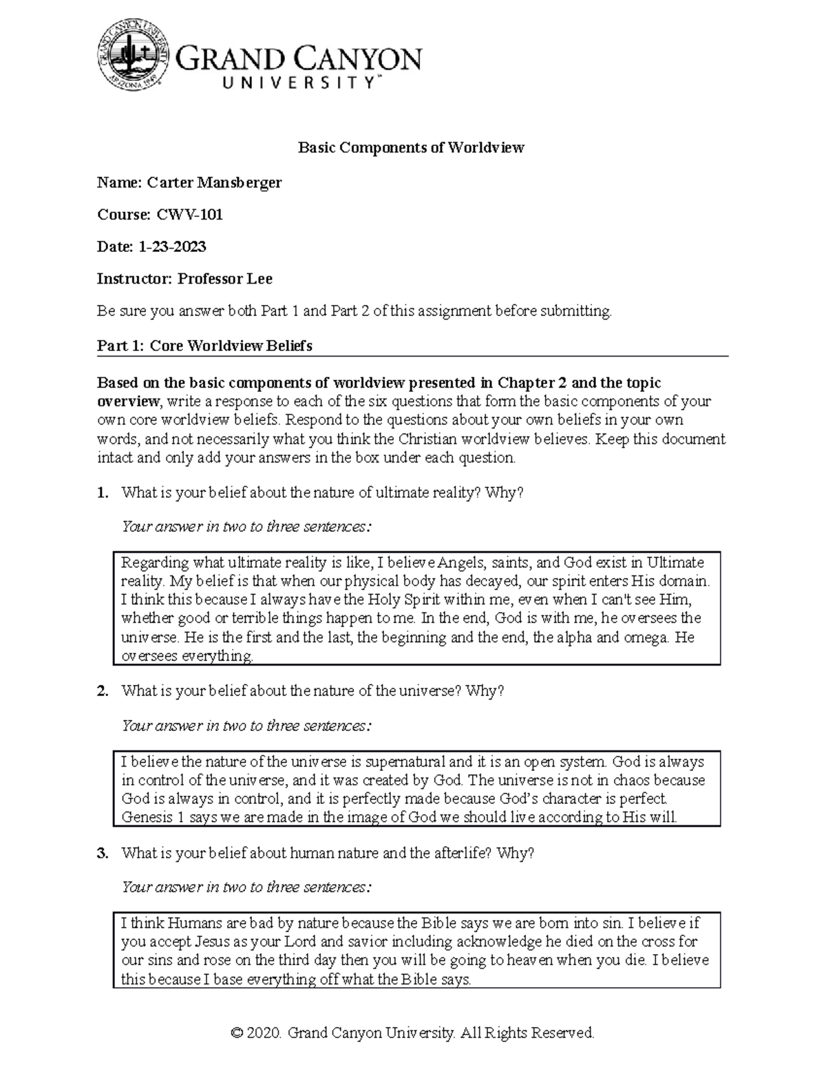Basic Components of a Worldview - Basic Components of Worldview Name ...