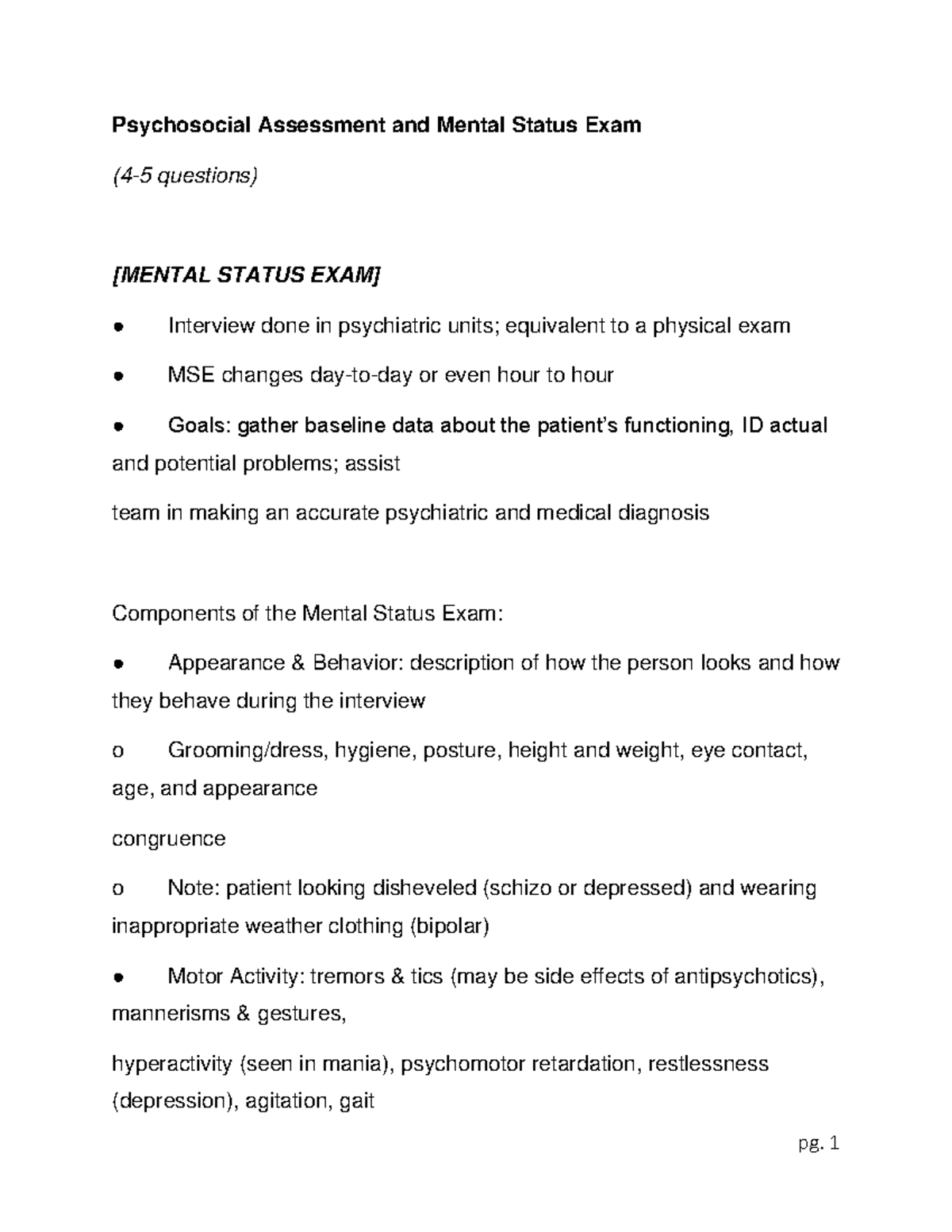 Psychosocial Assessment and Mental Status Exam - Become aware of their ...