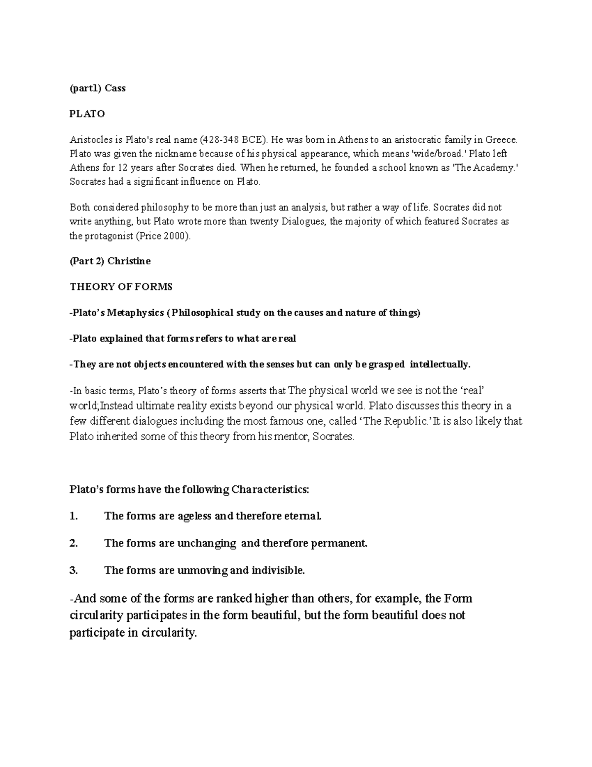 UTS - lol - (part1) Cass PLATO Aristocles is Plato's real name (428-348 ...