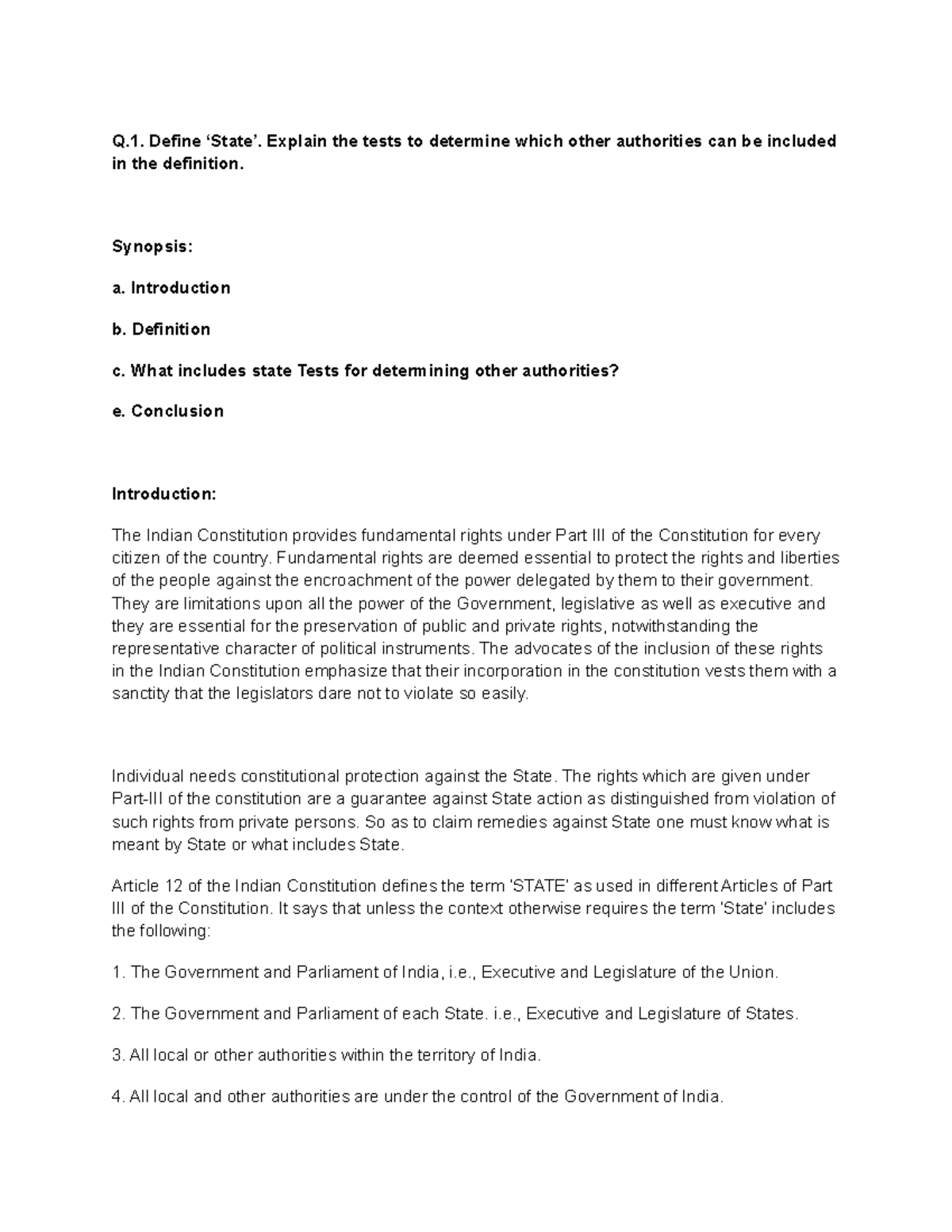 State - Constitutional Law 2 (CL2) - Q. Define ‘State’. Explain the ...