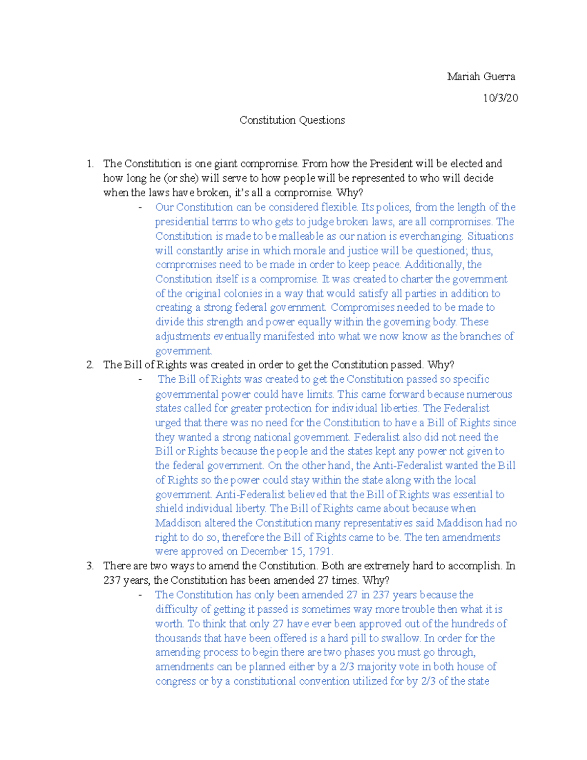 Constitution questions - Mariah Guerra 10/3/ Constitution Questions The ...