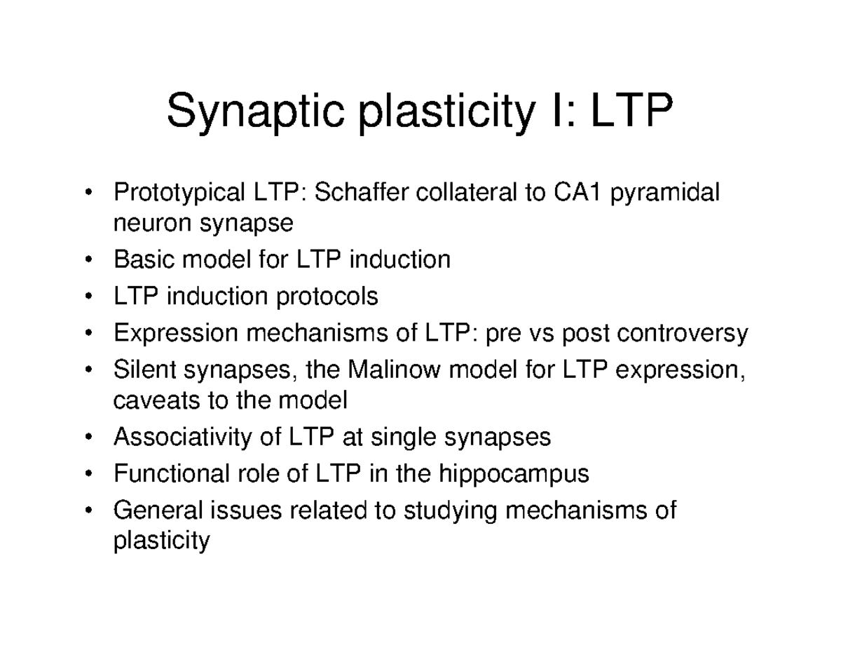 Synaptic plasticity I LTP - Studocu