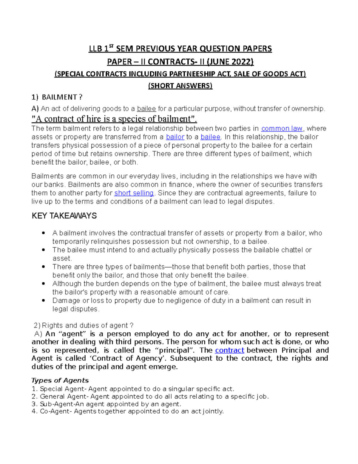 LLB 1ST SEM Contracts - II 2022 - LLB 1 ST SEM PREVIOUS YEAR QUESTION ...