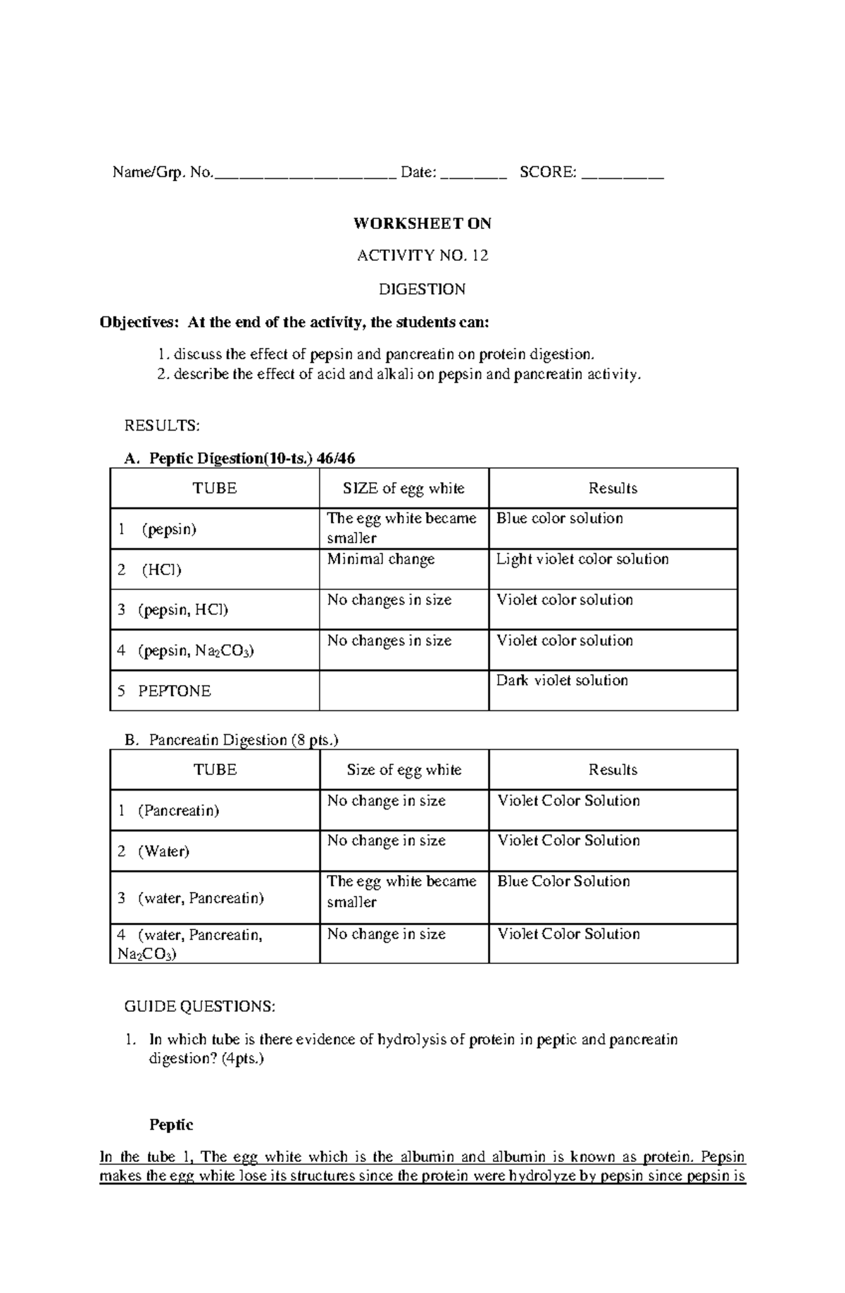 Worksheet on Act# 12 Digestion - Name/Grp. No ...