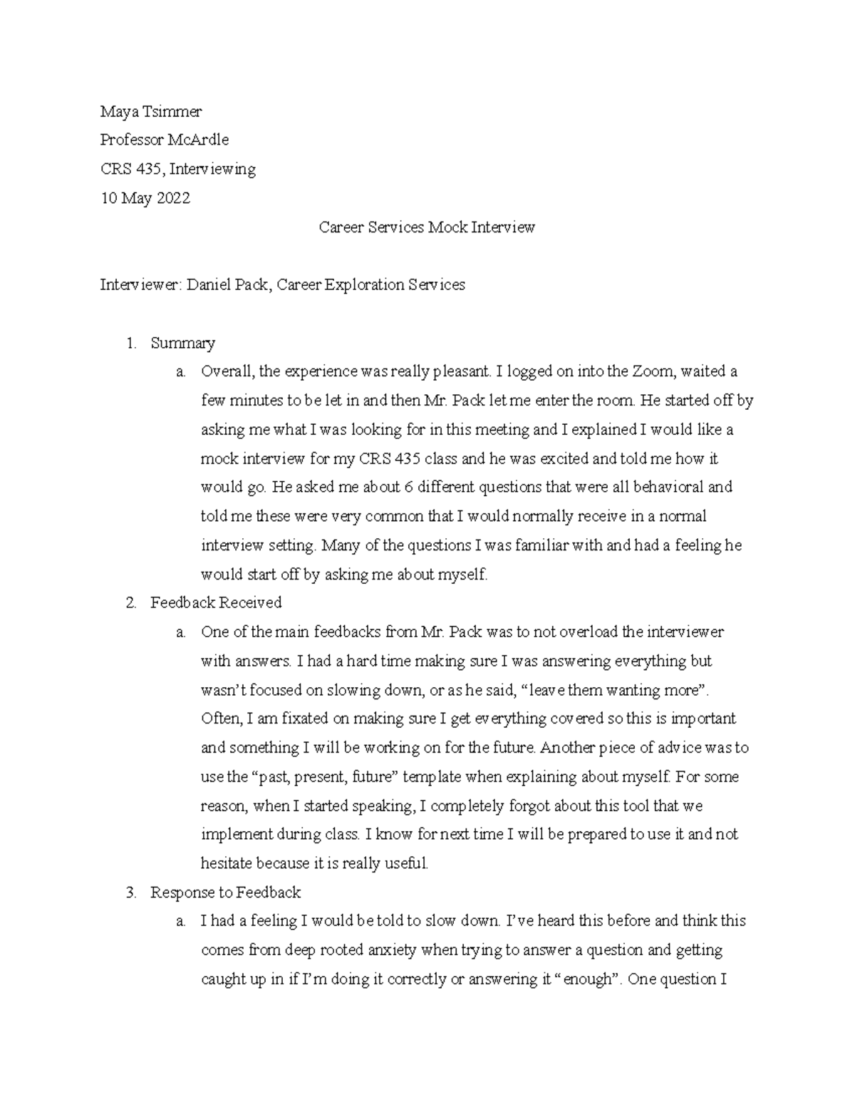 CRS 435 Mock Interview - Really thorough homework assignment probably took about 2 hours ...