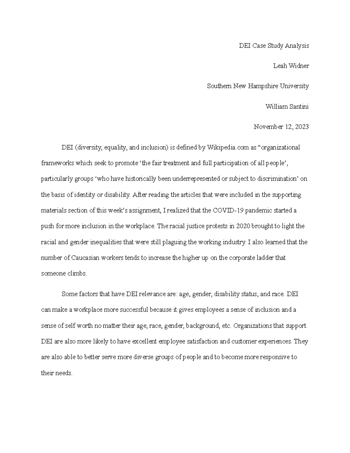 DEI case study - DEI Case Study Analysis Leah Widner Southern New ...