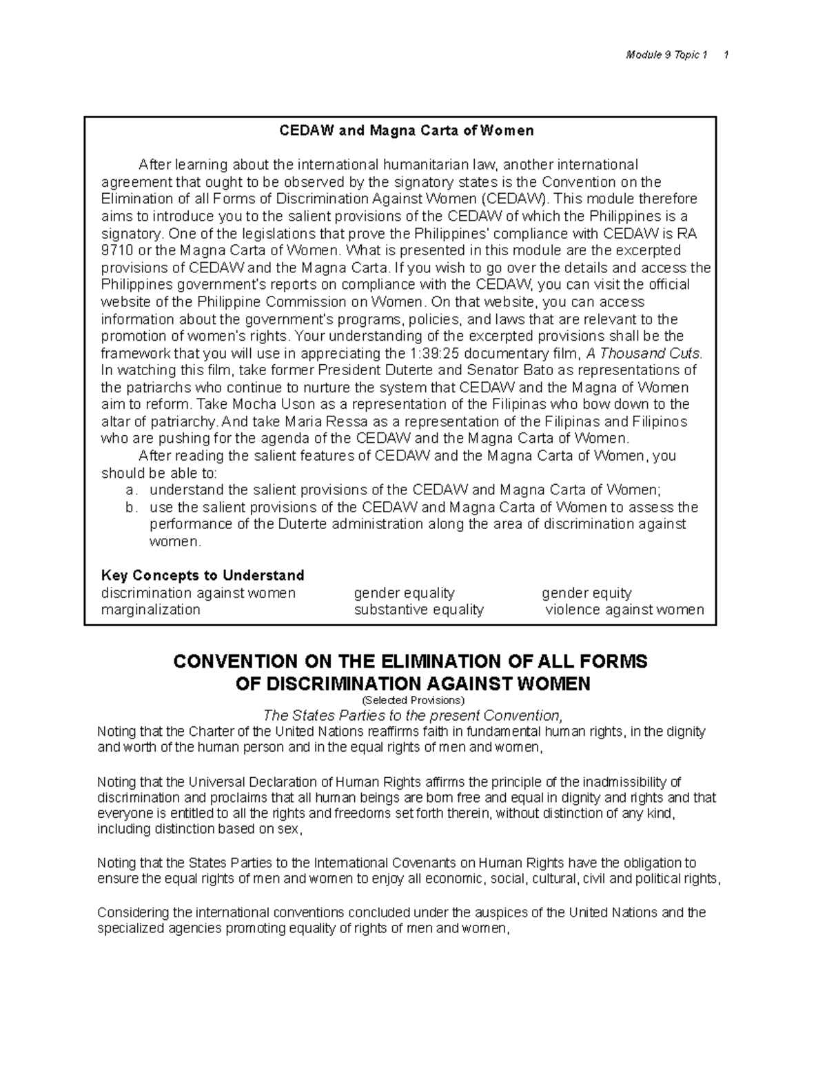 Module 9 Topic 1. Cedaw and Magna Carta of Women - CONVENTION ON THE ELIMINATION OF ALL FORMS OF ...