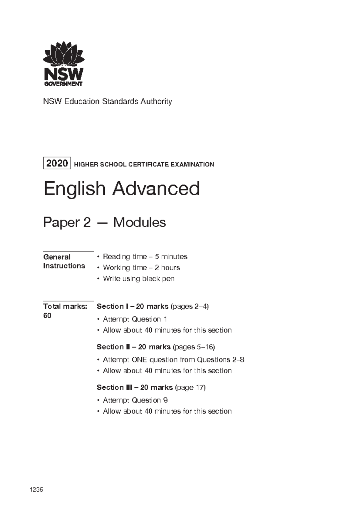 2020 HSC English Advanced Paper 2 - NSW Education Standards Authority ...